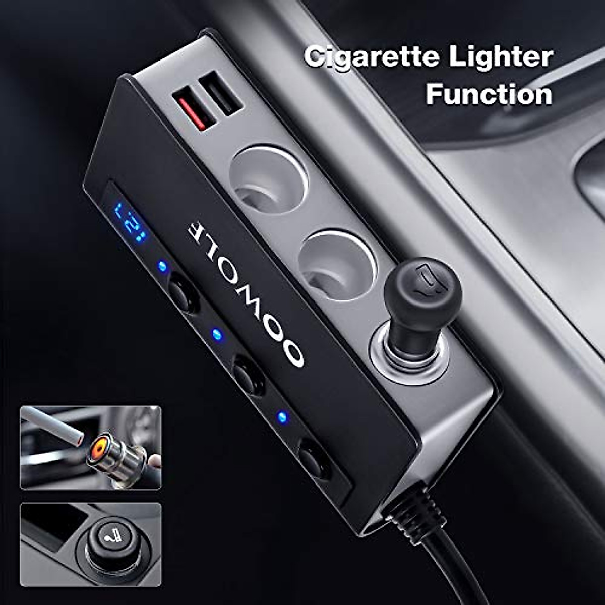 OOWOLF Cigarette Lighter Adapter Quick Charge 3.0 180W 12V/24V 3-Socket Power Splitter 4 USB Ports Car Power Adapter Car Splitter for GPS, Dash Cam, Sat Nav, Phone, Tablet, etc