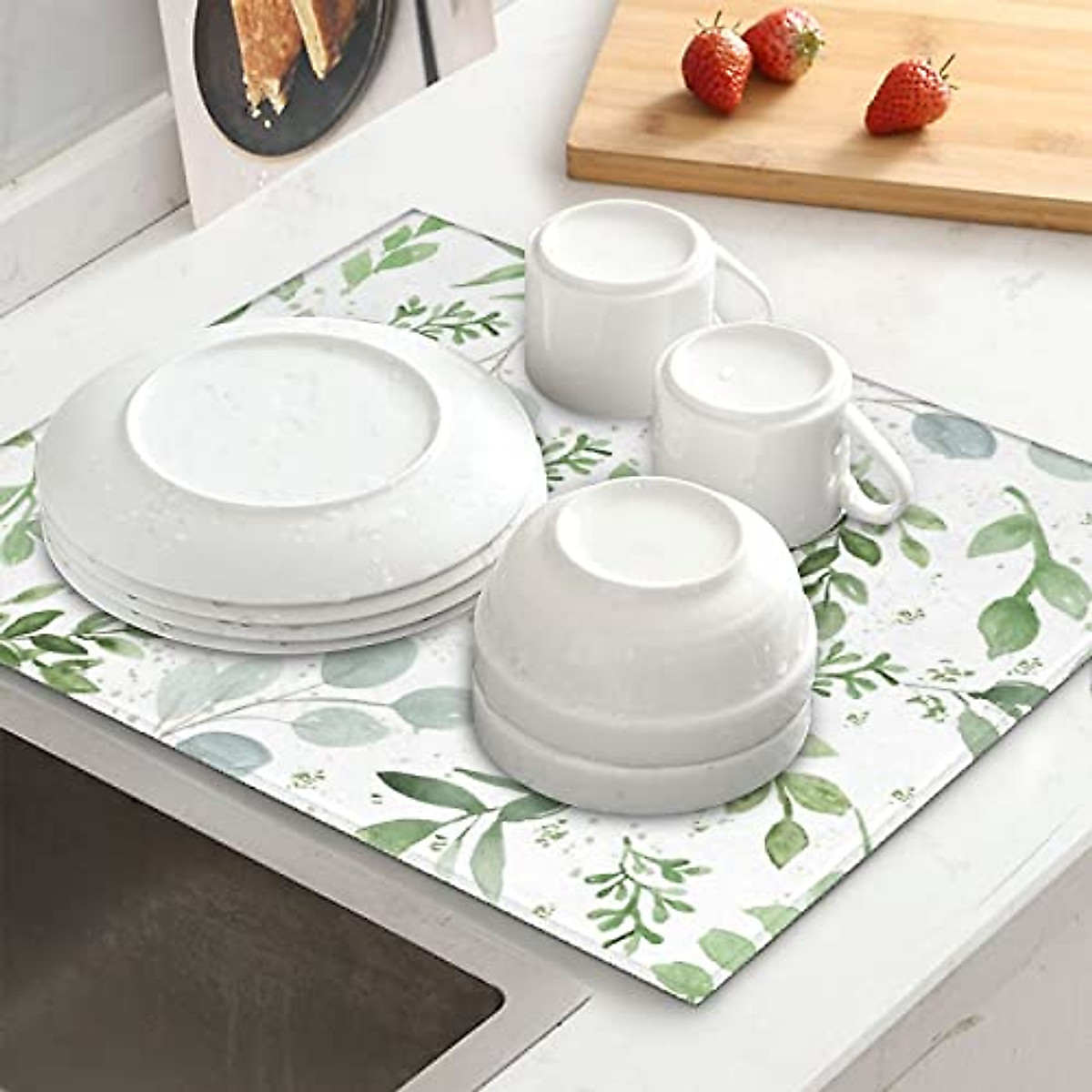 Vodbne Sage Green Leaves Dish Drying Mat XL for Kitchen Counter Microfiber Absorbent Dish Draining Reusable Washable Large 18"x24"