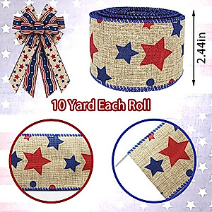 Patriotic Fabric Ribbons, Veteran's Day Decor Ribbon Patriotic Spots Stars Edge Wired Burlap Ribbon for Veterans Day Gift Wrapping Party Decoration Crafts Supplies, 2.5 Inch*10 Yards*1 Roll