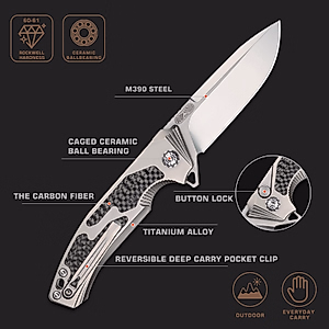 REMETTE Steed Button Lock Pocket Knife,Titanium Handle with Reversible Clip, M390 Blade Flippers Open, Everyday Carry EDC Work Pocket Knife for Men and Women Gift