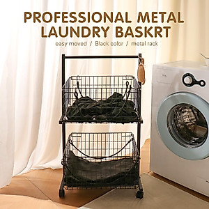2 baskets rolling laundry basket for garments storage, easy moved with wheels have brake, Laundry basket, white and black，rolling basket (BLACK)