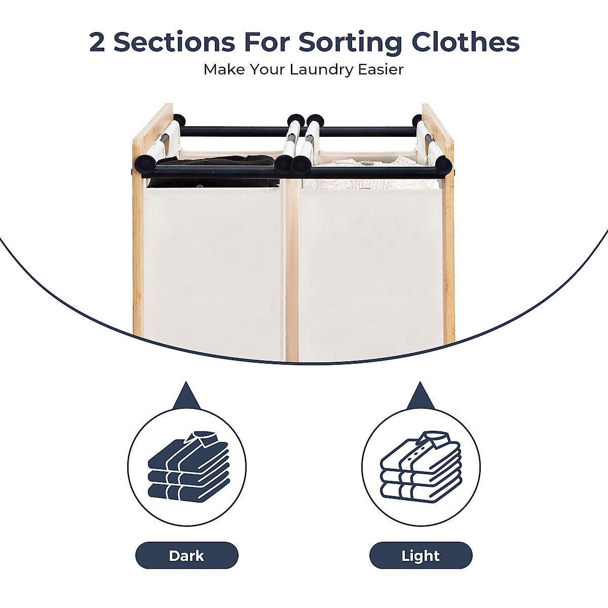 STO STO Laundry Sorter 2 Section with Bamboo Frame, 2 Bag Laundry Hamper, Rolling Laundry Cart Basket with Lockable Wheels and Removable Bag for Clothes Storage in Laundry Room and Bedroom, Beige