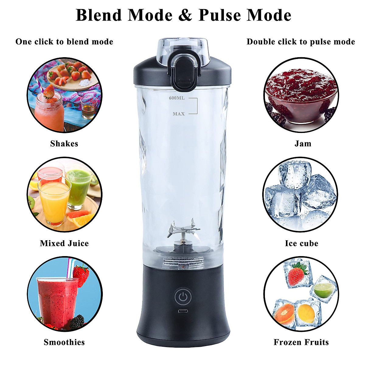 Portable Blender, MOCOPO 20 Oz Mini Personal Size Blender for Shakes and Smoothies with 6 Blades, Rechargable Blender, 4000mAh Electric Blender for Kitchen, Home, Travel, Outdoor(Black)
