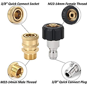 STYDDI Quick Connect Pressure Washer Adapters, Power Washer Hose Brass Quick Release Coupling Fitting, M22-14mm Thread Swivel to 3/8'' Quick Connect, 3/4" GHT Thread to Quick Release