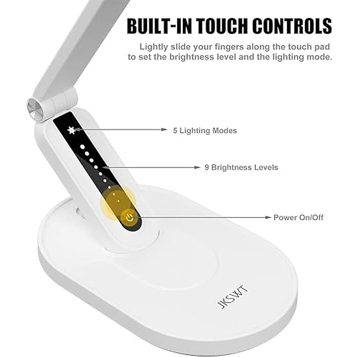JKSWT LED Desk Lamp for Reading, Eye-Caring Natural Light Protects Eyes Dimmable Office Table Lamps with 5 Color Modes USB Charging Port Touch Control and Memory Function,10W