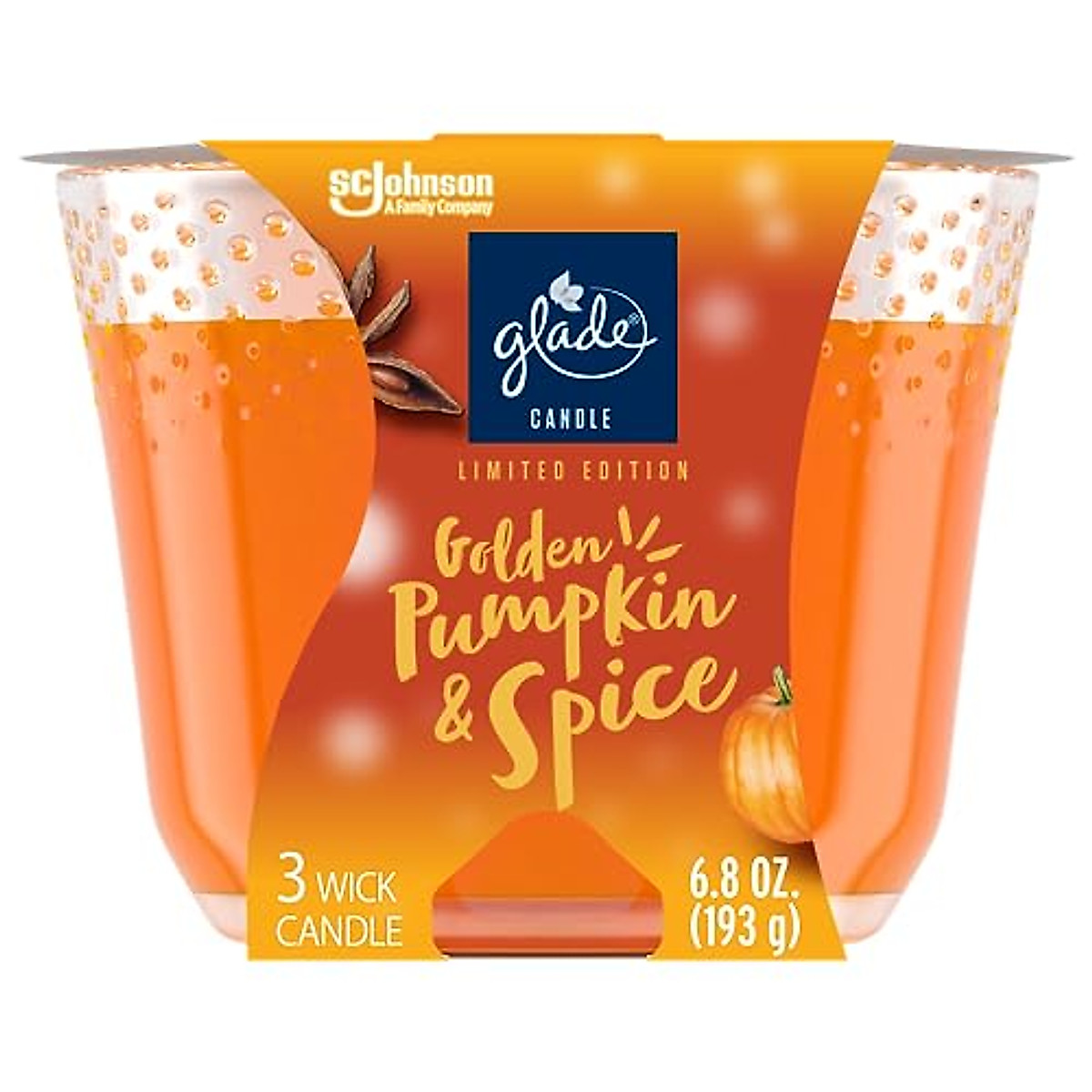 Glade Candle Golden Pumpkin & Spice, Fragrance Candle Infused with Essential Oils, Air Freshener Candle, 3-Wick Candle, 6.8 Oz