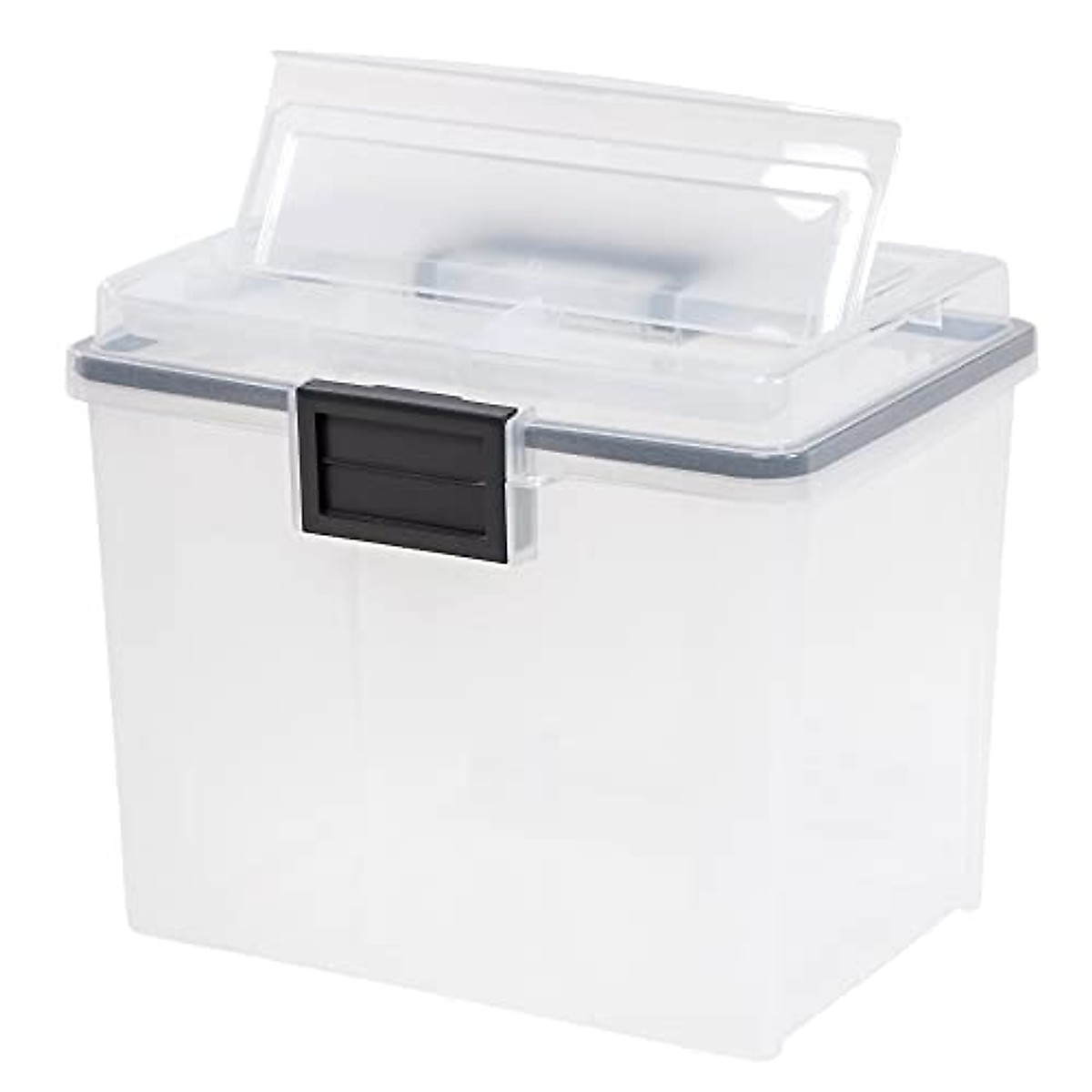 IRIS USA 19 Quart WEATHERPRO Plastic Office Storage Portable Letter Size File Box with Organizer-Lid and Seal and Secure Latching Buckles, Weathertight, Clear with Black Buckle, 1 Pack