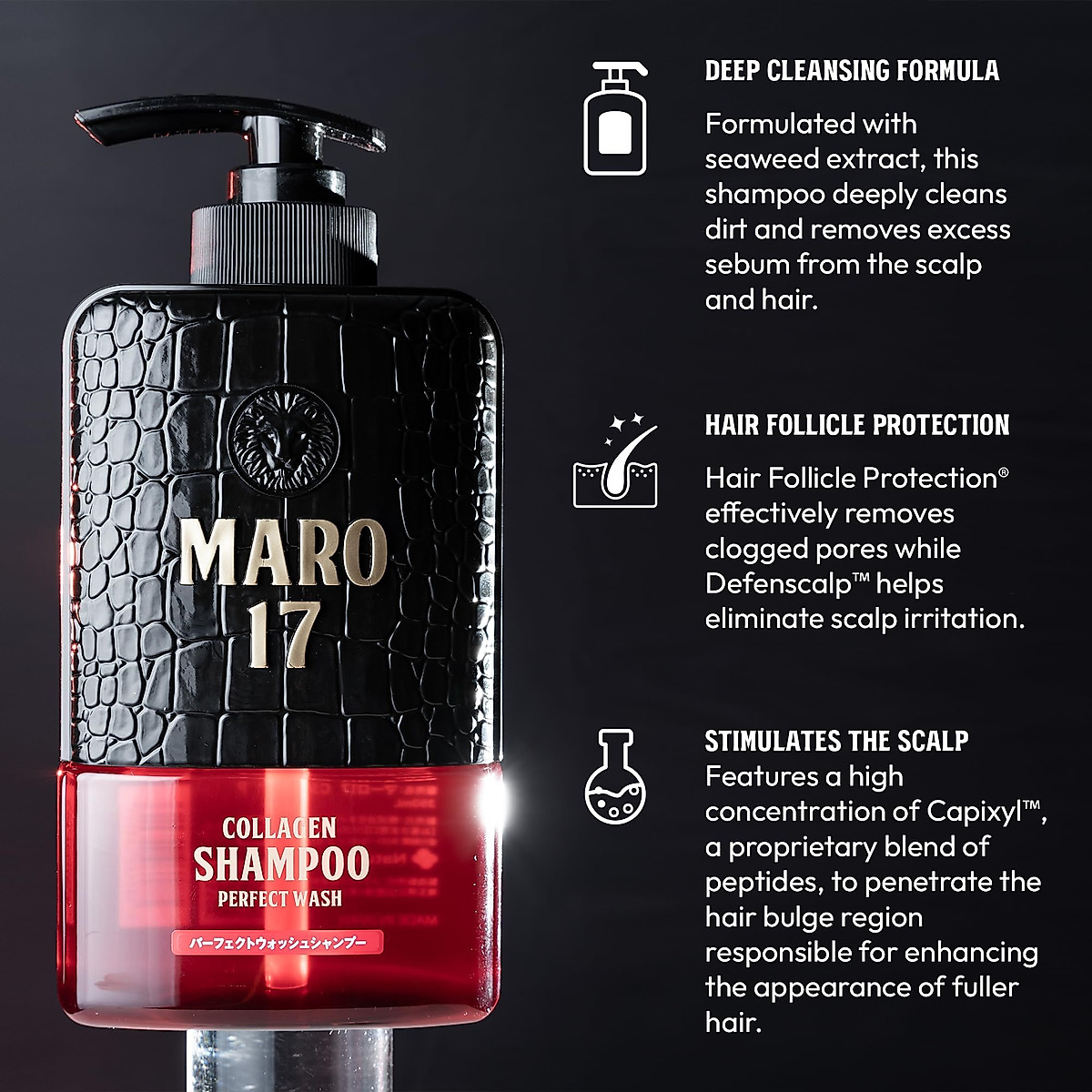ＭＡＲＯ１７ MARO17 Collagen Shampoo Perfect Wash - Mens Shampoo for Hair Growth and Volume - Cleanses Dirt and Unnecessary Sebum - Sulfate Free + DHT Blocker and Collagen for Thicker Hair - Gifts for Men