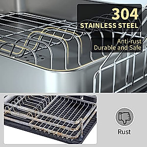Genteen Dish Drying Rack, 2 Tier Large Rack with Drainboard 304 Stainless Steel for Kitchen Counter Swivel Spout, Utensil Holder, Cup