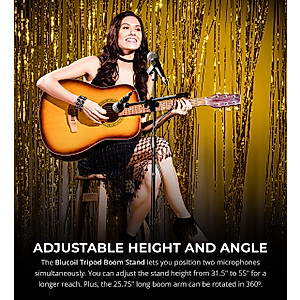 Blucoil Adjustable Microphone Stand with 2.3' - 4.1' Height, Rotating Boom Arm, Tripod Base, Dual Mic Clips - Compatible with AKG, Audio Technica, MXL, Samson, Blue Mic, sE Electronics, and More