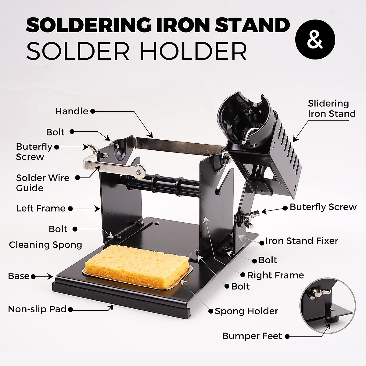 Noah Premium Soldering Iron Holder with Soldering Wire Feeder and Sponge, Soft sponge Tip Cleaner Kit, Heavy Metal Base, Black