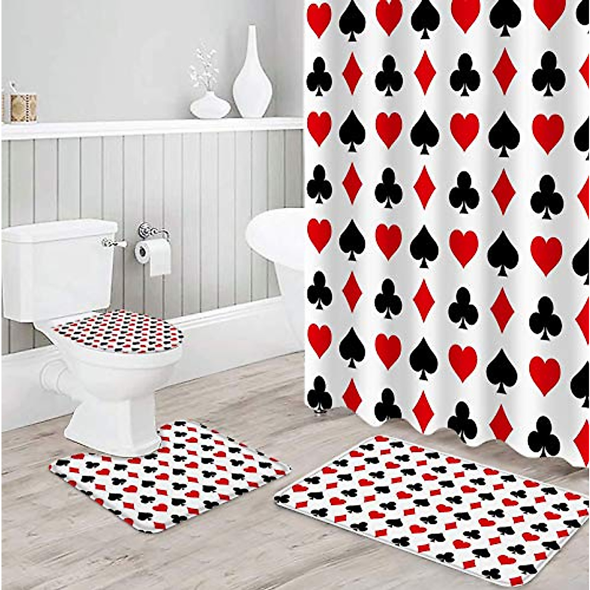 BestLives 4 Pcs Shower Curtain Sets with Rugs Poker Game Themed Non-Slip Soft Toilet Lid Cover for Bathroom Las Vegas Theme Casino Bathroom Sets with Bath Mat and 12 Hooks