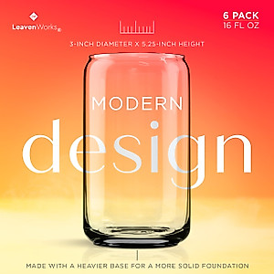 Leavenworks Beer Can Shaped Glass | 16 oz | Aesthetic Cups Used For Iced Coffee, Smoothies, Soda, Beer, Water Tumblers | Unique Glass Cups Set | Dishwasher-safe Glassware (6 Pack)