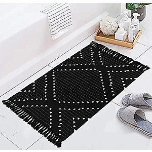 Boho Cotton Bathroom Rugs 2' x 3', Black and White Small Woven Bath Mats with Tassels, Soft Washable Geometric Kitchen Rug Decorative Floor Carpets for Laundry Room Entryway Indoors