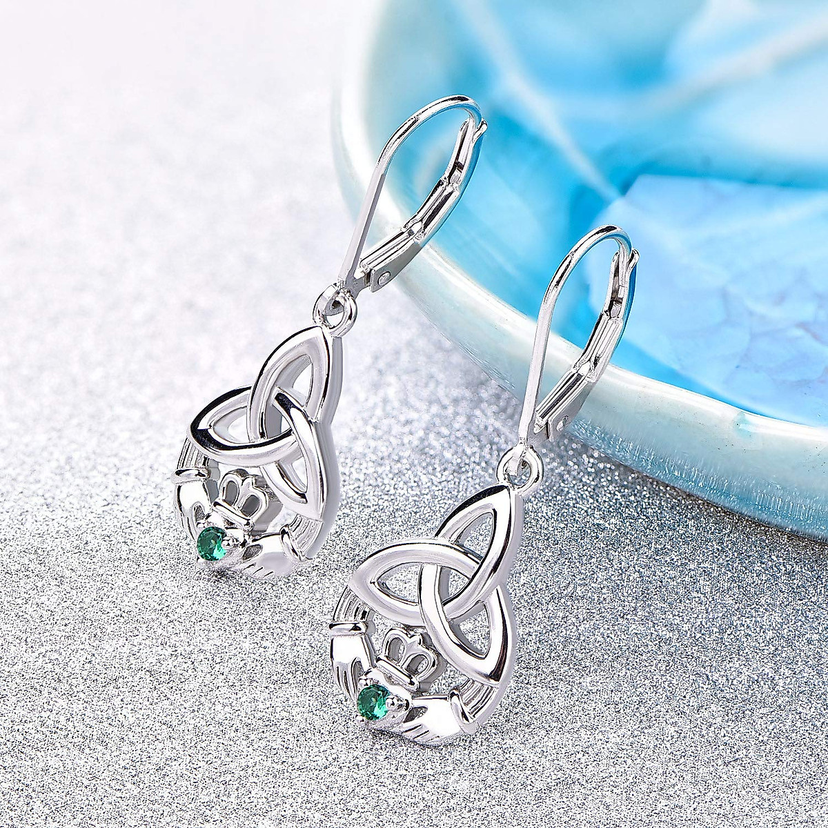 JO WISDOM Women Claddagh Earrings,925 Sterling Silver Irish Celtic Claddagh Love Heart Drop & Dangle Leverback Earrings with Green Emerald