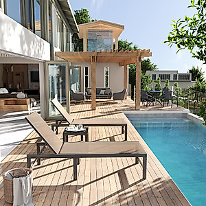 Amopatio Patio Chaise Lounge Set of 3, 24.4" Wider Outdoor Lounge Chairs with Table, Textilene Pool Chaise Lounge for Sun Tanning Lay Flat Poolside Lounger for Beach, Lawn, Brown