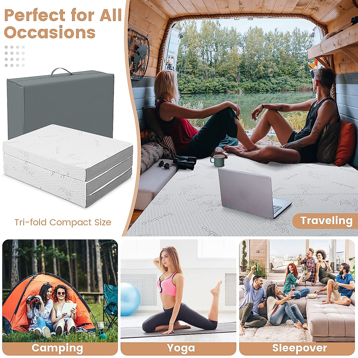 Giantex Folding Mattress, 4 Inch Gel-Infused Tri-fold Mattress with Bamboo Cover & Carry Bag, CertiPUR-US Certified, Foldable Cooling Mattress Topper for Guest Room Dorm RV Camp Floor, Twin XL