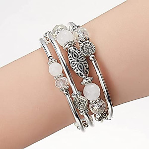 FULU AUTUMN Stackable Beaded Bracelets for Women Boho Wrap Silver Bracelet Layered Fashion Jewelry Gifts for Her(White)