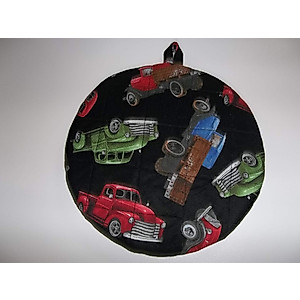 Pot Holders Heat Resistant Classic Pickup Trucks Red and Multi Colored Potholders Handmade Double Insulated Quilted Hot Pads Trivets 9 inches Round
