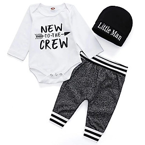 Tikoubabe Newborn Baby Boy Outfits Clothes Infant Cute Hipster Romper + Long Pants + Hat 3 Pcs New To The Crew Grey 0-3 Months 70cm