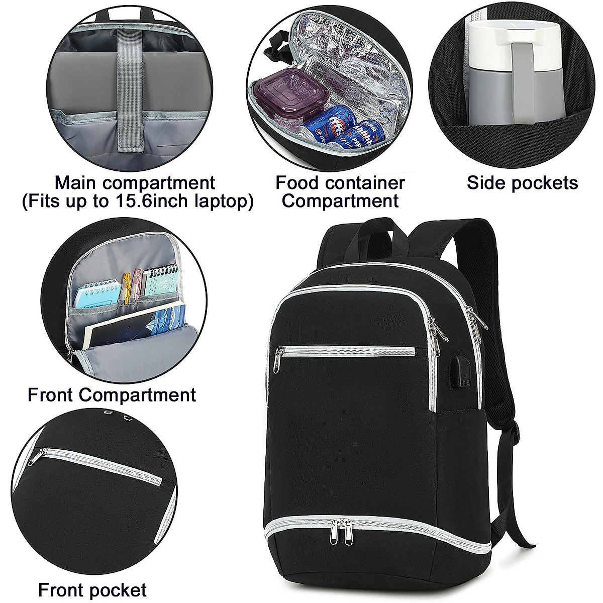 Laptop Backpack for Men Women Insulated Cooler Lunch Backpack 15.6 Work Computer Backpack with USB Port College Teacher(Black)