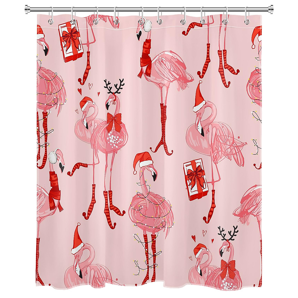 HVEST Christmas Flamingo Shower Curtain, Pink Flamingo with Xmas Hat and Stocking on Pink Background Shower Curtain for Bathroom, Fabric Shower Curtain with Hooks, 60W x 72L Inches
