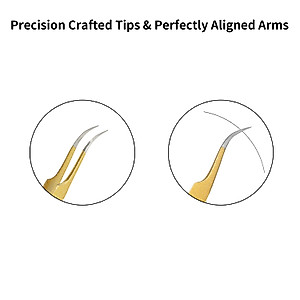 Tweezers for Eyelash Extension Hand Crafted Surgical Stainless Steel Metallic Gold Powder Coated (Curved Tip)