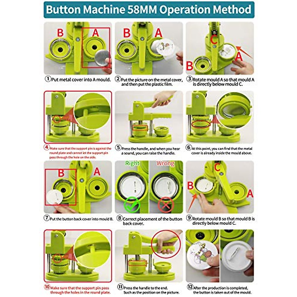 Happizza Button Maker Machine (3rd Gen) Installation-Free, 58mm (2.25in) DIY Pin Badge Button Maker Press Machine Badge Punch Press with Free 100pcs Button Parts&Pictures&Circle Cutter&Magic Book