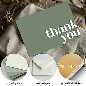 Paper Play Thank You Cards Bulk Pack of 40 Green, 5x3.5 Inches with Matching Stickers & Envelopes, Minimalistic Design Suitable for Business, Baby Shower, Wedding, Small Business, Graduation, Funeral