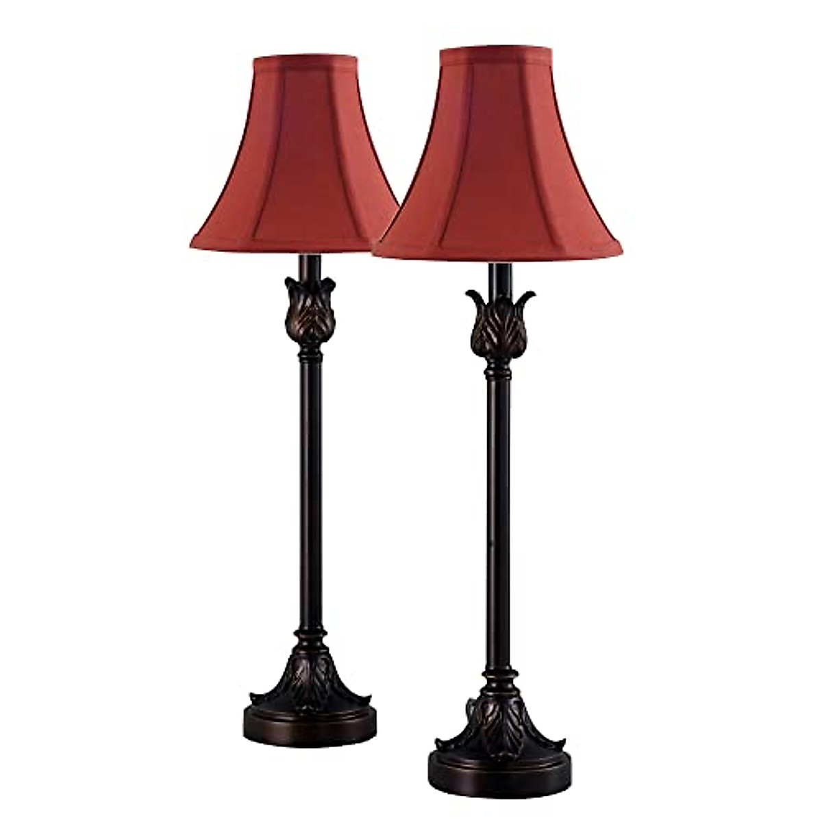 Catalina Lighting 25.75" Brenda Bronze Set of 2 Buffet Table Lamps with Burgundy Fabric Bell Shades, Bronze