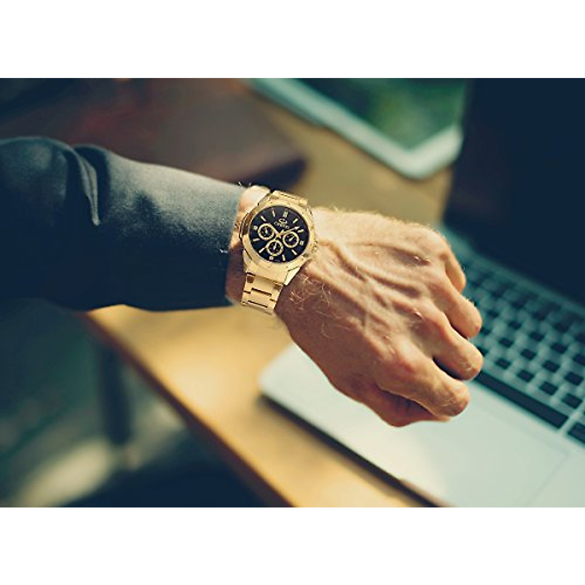 DREAMING Q&P Gold Men's Luxury Wrist Watches for Man,Black Face Stainless Steel Classic Business Golden Series Watch