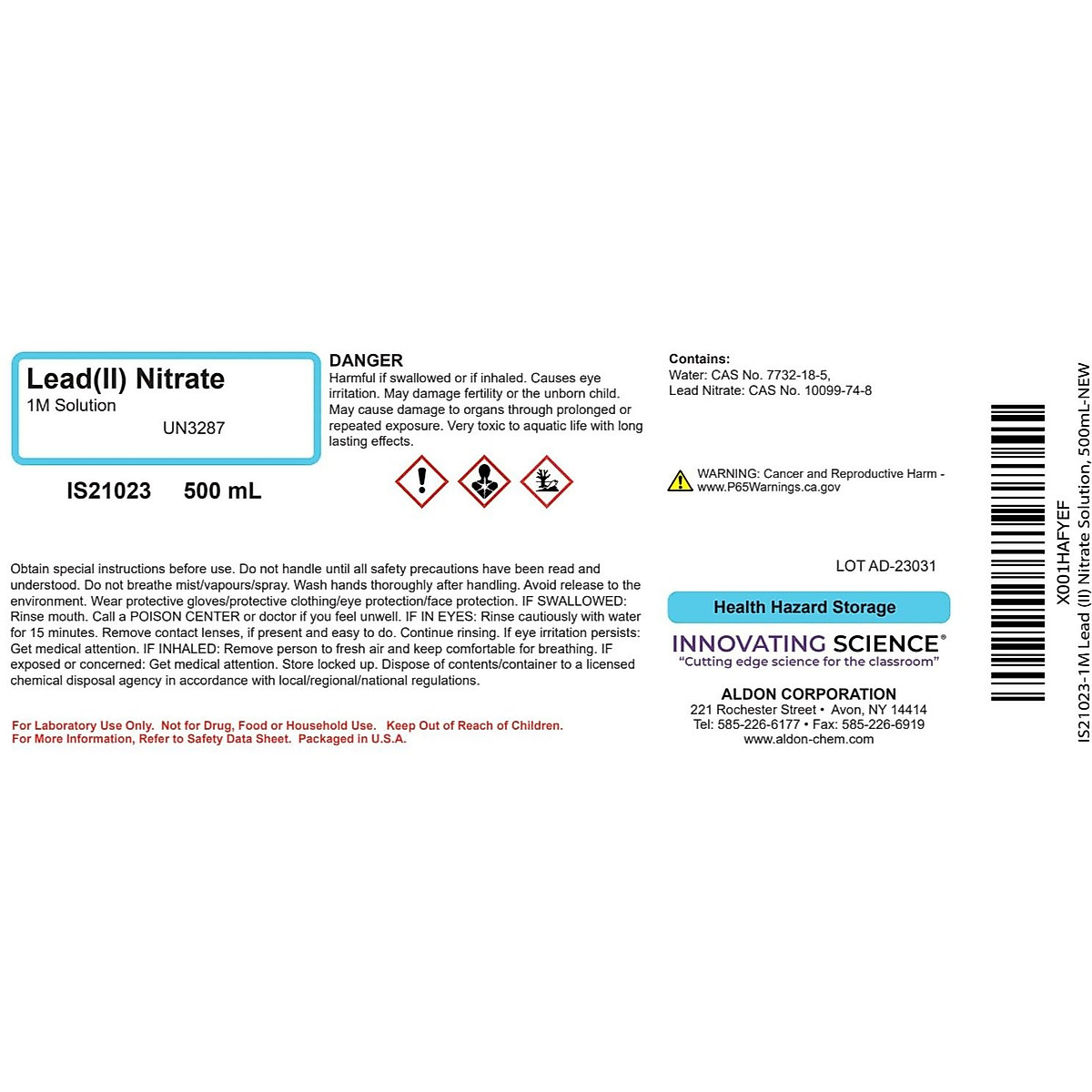 ALDON Innovating Science 1M Lead (II) Nitrate Solution, 500mL - The Curated Chemical Collection
