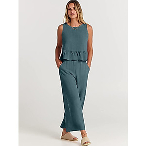 ANRABESS Women Summer 2 Piece Outfits Sleeveless Tank Crop Top Wide Leg Pants Linen Jumpsuits Lounge Matching Beach Sets Cyan Blue Large