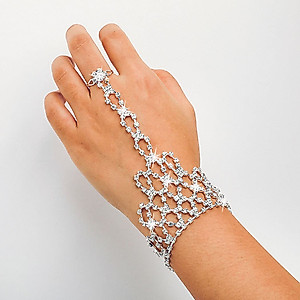 ACEDRE Rhinestone Bride Ring Chain Bracelet Silver Sparkly Crystal Bangle Finger Bracelets Wedding Hand Jewelry for Women
