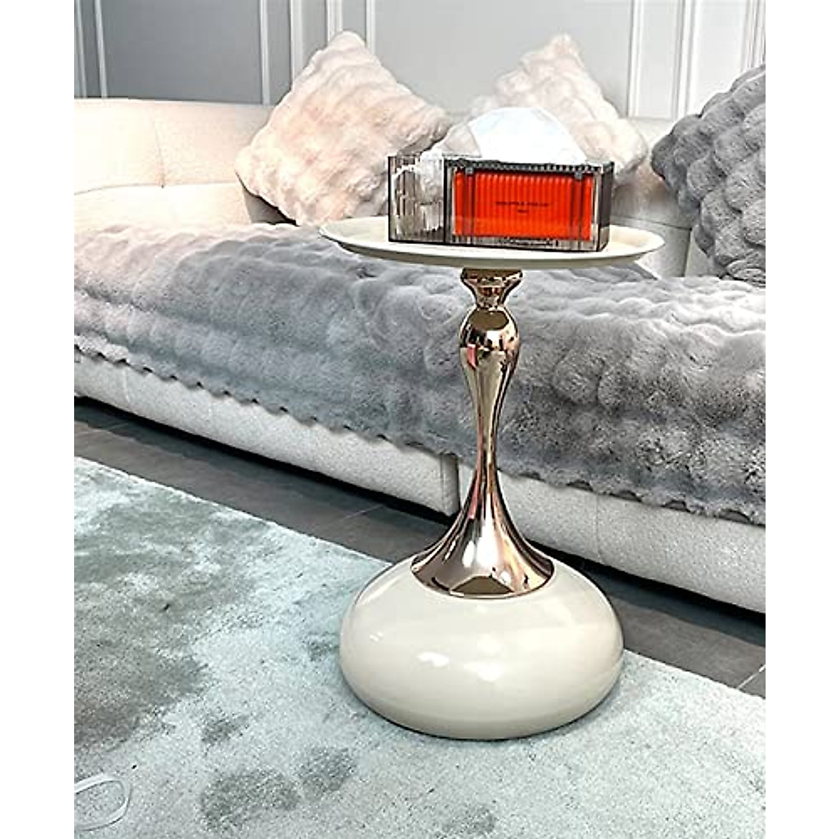 LUGSHIREE Small Round End Tables, Metal Side Table,Modern Space Saving Pedestal Minimalist Table Nightstand for Living Room Apartment Bedroom(Ivory White)