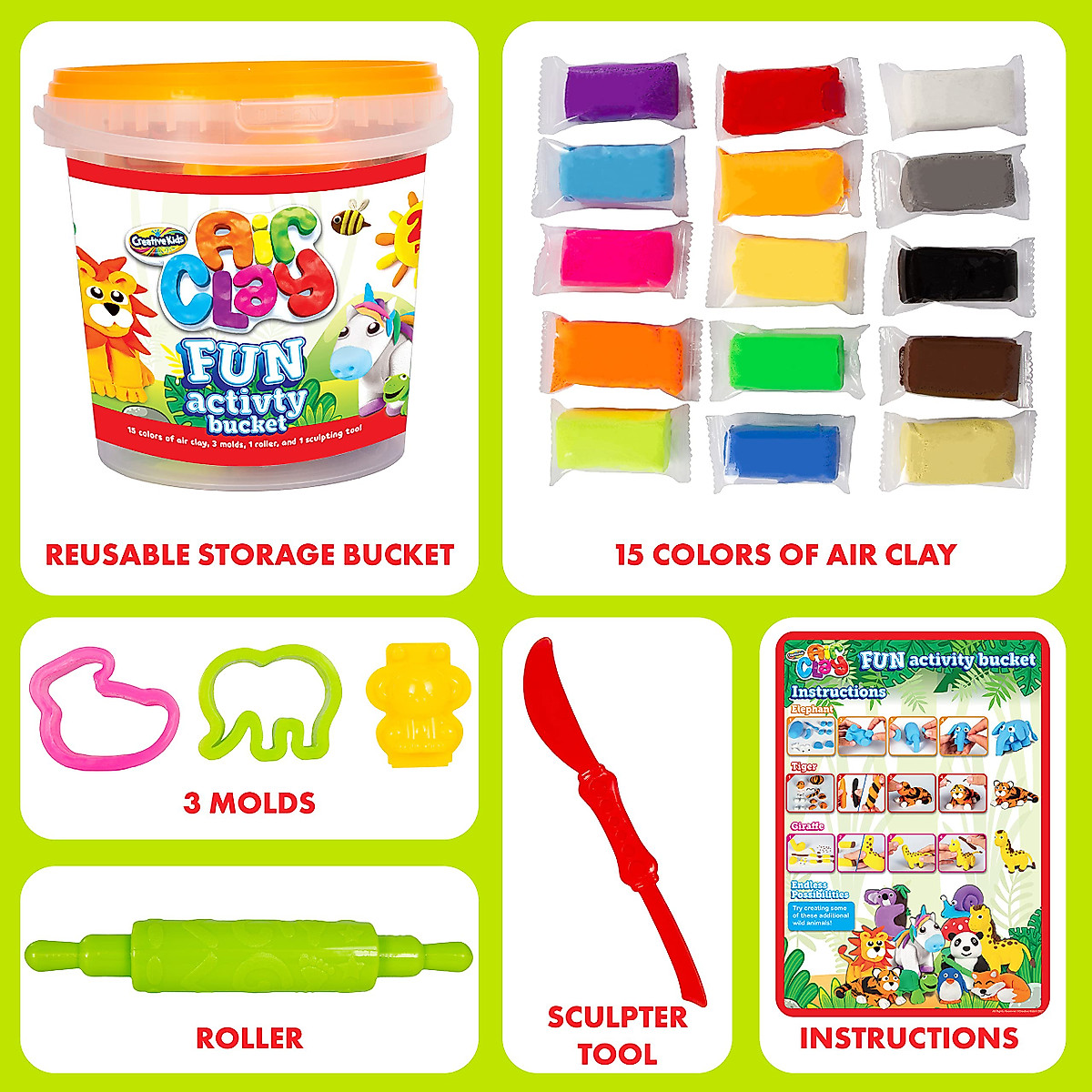 Air Clay Fun Activity Bucket - 15 Vibrant Colors and 5 Modeling Tools - Air Dry Clay for Kids - Soft Molding Clay for Kids - DIY Sculpting Art Craft Supplies Kits Gift - Magic Clay for Kids Ages 6+