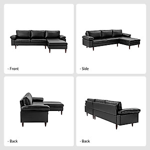 HULALA HOME 108" L Shaped Faux Leather Couch, 3 Seater Chaise Lounge Sofa with Comfy Pillow-Designed Armrest&Backrest, Mid Century Modern Sofa Couch for Living Room, Black