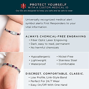 Medical Alert Bracelet For Women, Purple and Silver Stainless Steel Heart Link Bracelet, Custom Engraving, 1 Year Warranty, Custom Sized, Waterproof and Durable, Lauren's Hope Medical ID (Purple and Silver, 6.5 inch)