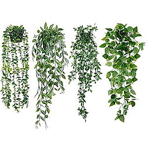 Sggvecsy Fake Hanging Plants 4 Pack Artificial Hanging Eucalyptus Plants Fake Potted Greenery Faux Eucalyptus Mandala Vine Ivy Vine Leaves Pea Pod for Home Indoor Outdoor Wall Garden Decor