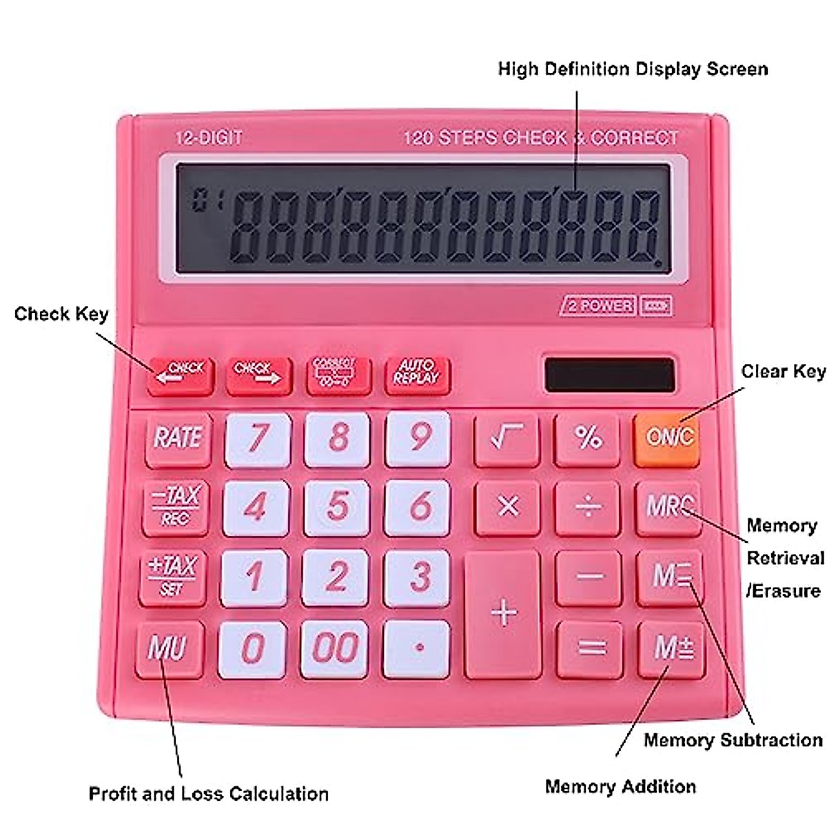 Office Desk Calculator 12 Digits with Solar Power and Easy to Read HD LCD Display, Big Buttons, for Financial Affairs,Home, Office, School, Class and Business,with Battery，Pink