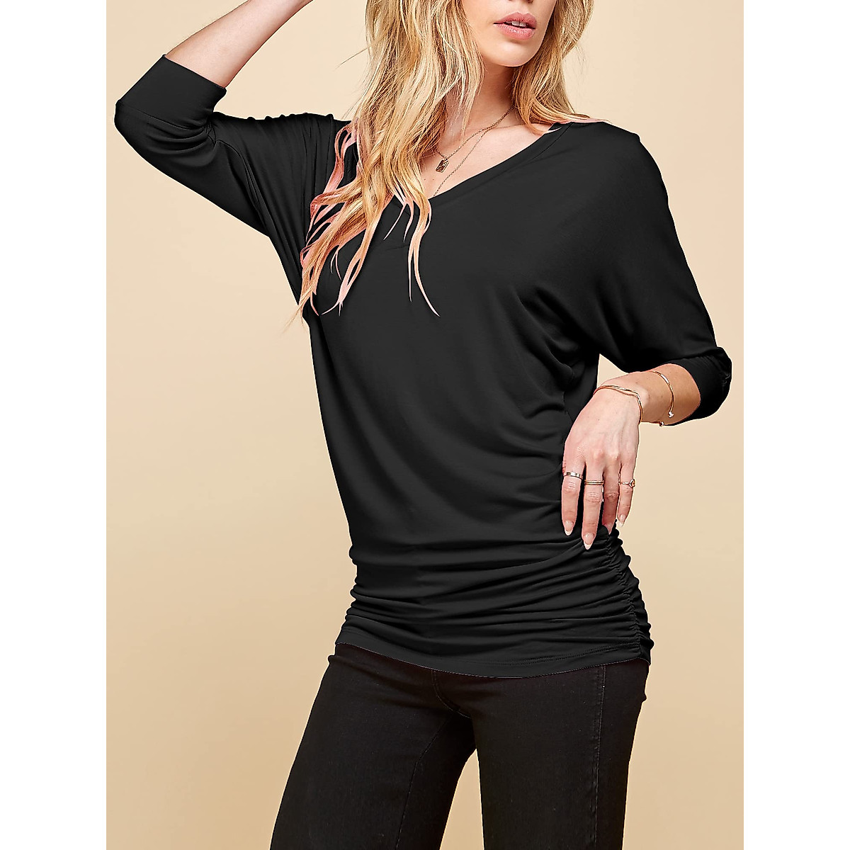 Made By Johnny MBJ WT1036 Womens V Neck 3/4 Sleeve Dolman Top with Side Shirring M Black
