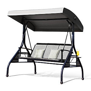 NOBLEMOOD Outdoor Patio Swing with Adjustable Canopy, 3 Seat Outdoor Porch Swing with Cup Holders, Waterproof Textilene Swing Chair for Adults Backyard Garden Patio