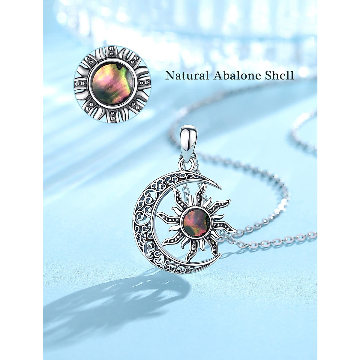 NFUSEU Sun and Moon Necklace Sterling Silver for Women Witchy Jewelry Crescent Moon Pendant Twitches Abalone Vintage Oxidized Black Birthday Gifts, 18 Inch Chain