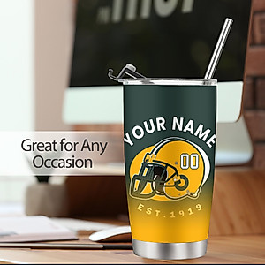 Custom Green Bay Tumbler 20oz Stainless Steel with Lid & Straw Personalized Football Fans Gifts for Women Men Travel Cup Insulated Tumbler Add Name Number