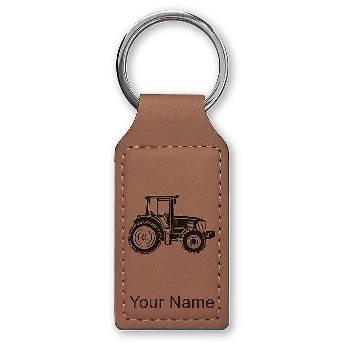 LaserGram Rectangle Keychain, Farm Tractor, Personalized Engraving Included (Dark Brown)