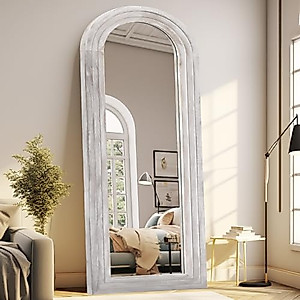 ZHUNFA Arched Full Length Mirror with Solid Wood Frame, 65x22 Farmhouse Wall Mirror Full Length with Stand, Rustic White