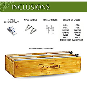 Convenian 2 in 1 Bamboo Foil and Plastic Wrap Organizer, Plastic Wrap Dispenser with Cutter, Compatible with 12" Roll for Plastic Wrap, Wax Paper, and Aluminum Foil Organization and Storage