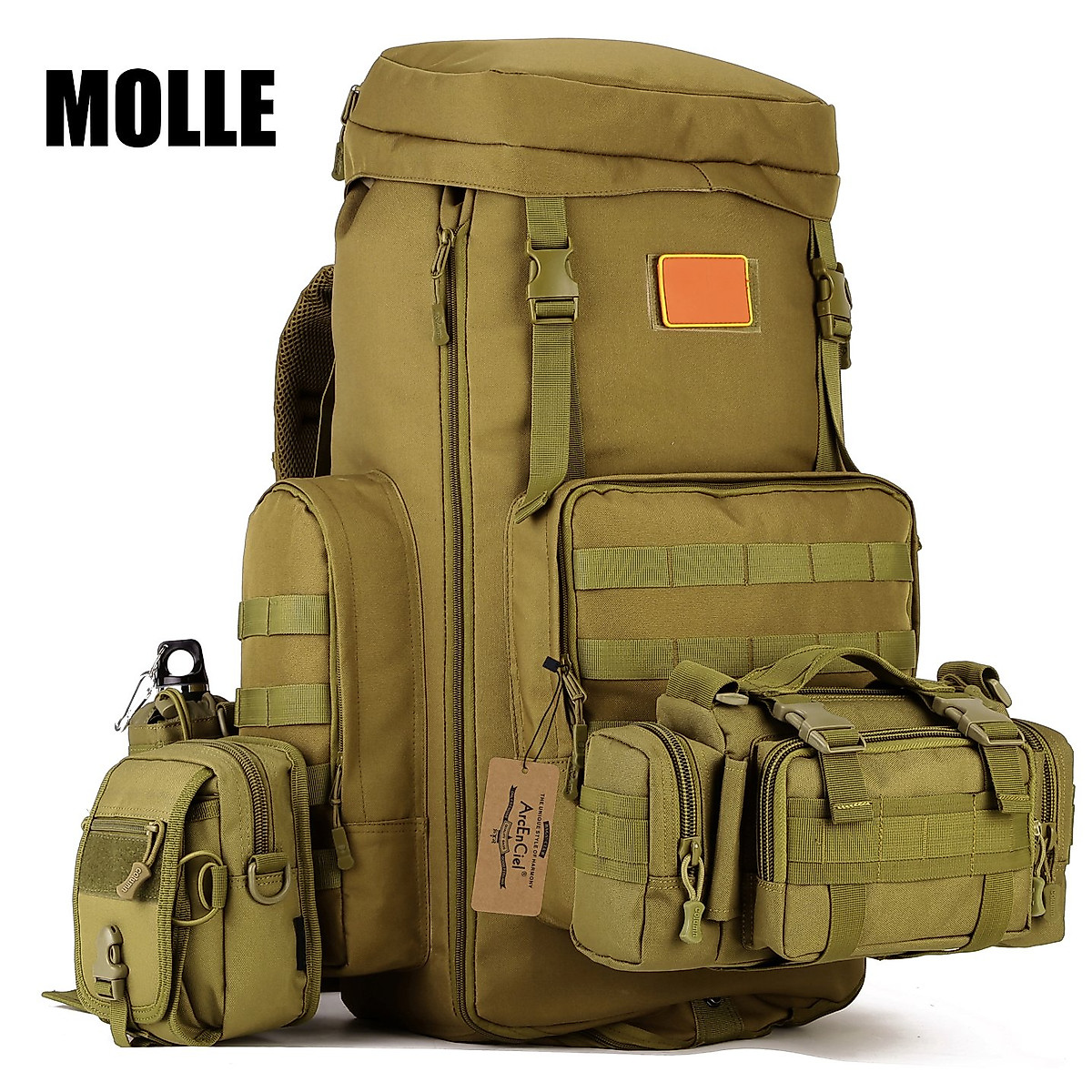 ArcEnCiel Hiking Daypacks 70-85L Tactical Travel Backpack MOLLE Rucksack Large Capacity Outdoor Bag for Travelling Trekking Camping Hunting - Rain Cover Included (Coyote Brown)