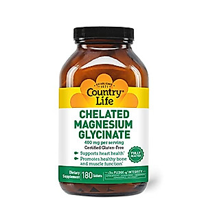 Country Life Chelated Magnesium Glycinate 400mg, 180 Tablets, Certified Gluten Free, Certified Vegan, Certified Halal, Non-GMO Verified