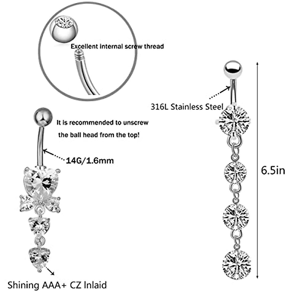 NASAMA 14G Stainless Steel Belly Button Rings for Girls Women CZ Navel Body Piercing Jewelry (Steel color)